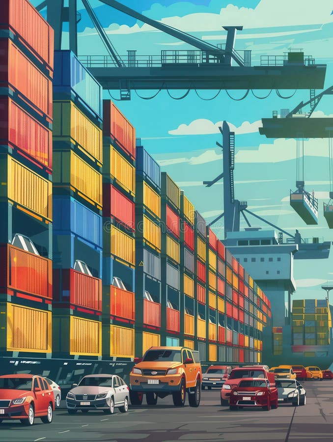 Auto Carrier Ship Loading Finished Cars at Expansive Logistics Terminal ...