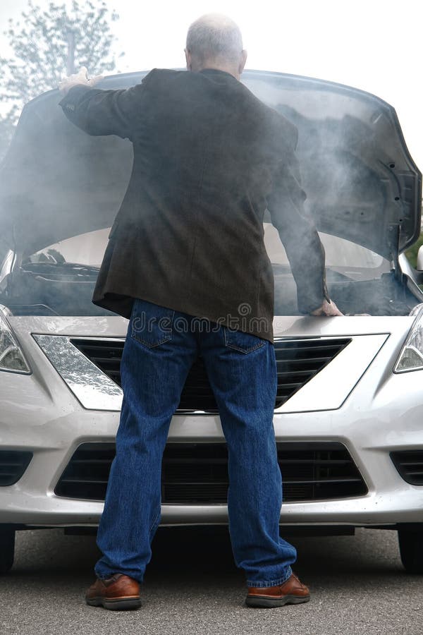Auto Driver and Open Car Engine Hood in Fire Smoke Stock Image - Image ...