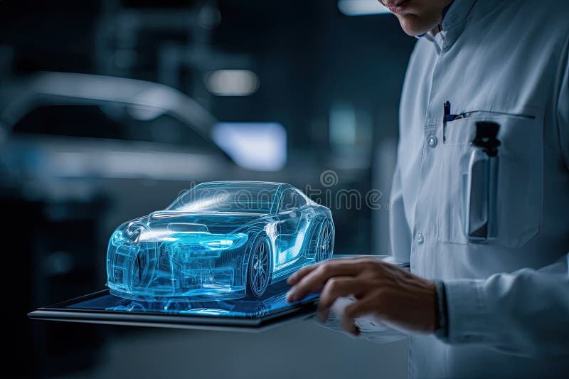 Auto Engineer Next To a Blue Holographic Model of a Car. Stock ...