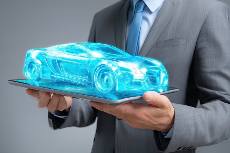 Auto Engineer Next To a Blue Holographic Model of a Car. Stock ...