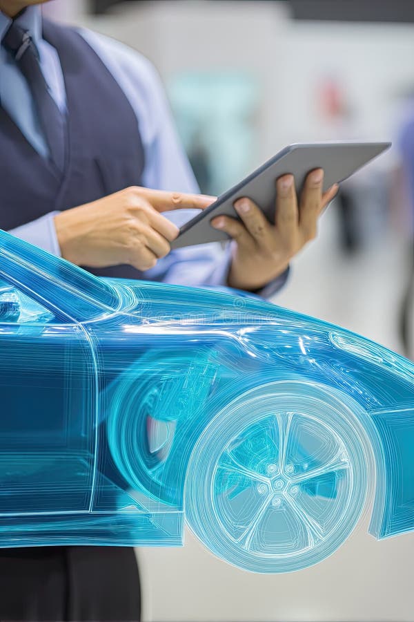 Auto Engineer Next To a Blue Holographic Model of a Car. Stock Photo ...