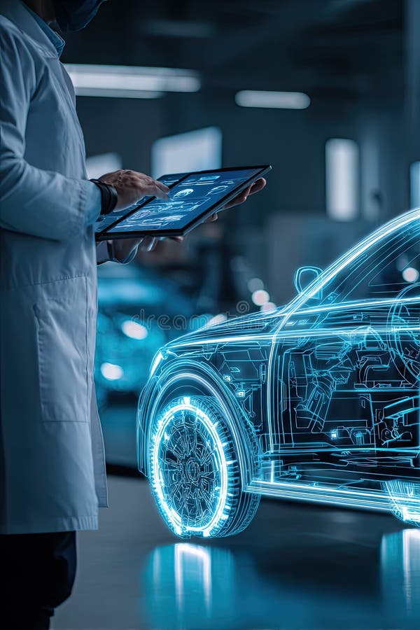 Auto Engineer Next To a Blue Holographic Model of a Car. Stock ...