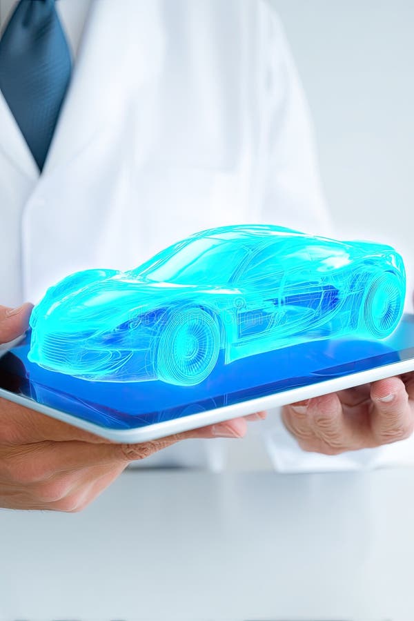 Auto Engineer Next To a Blue Holographic Model of a Car. Stock ...