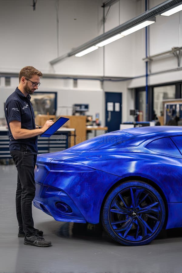 Auto Engineer Next To a Blue Holographic Model of a Car. Stock ...