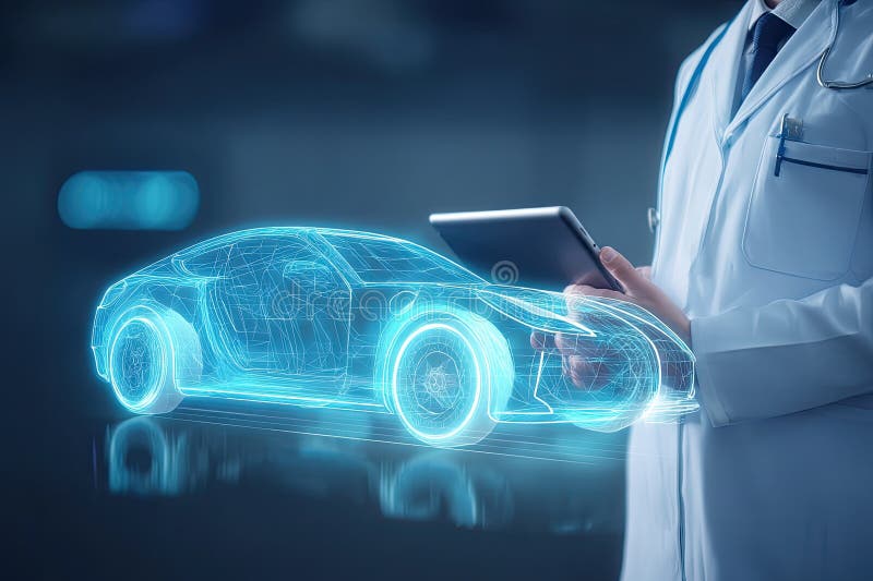 Auto Engineer Next To a Blue Holographic Model of a Car. Stock ...