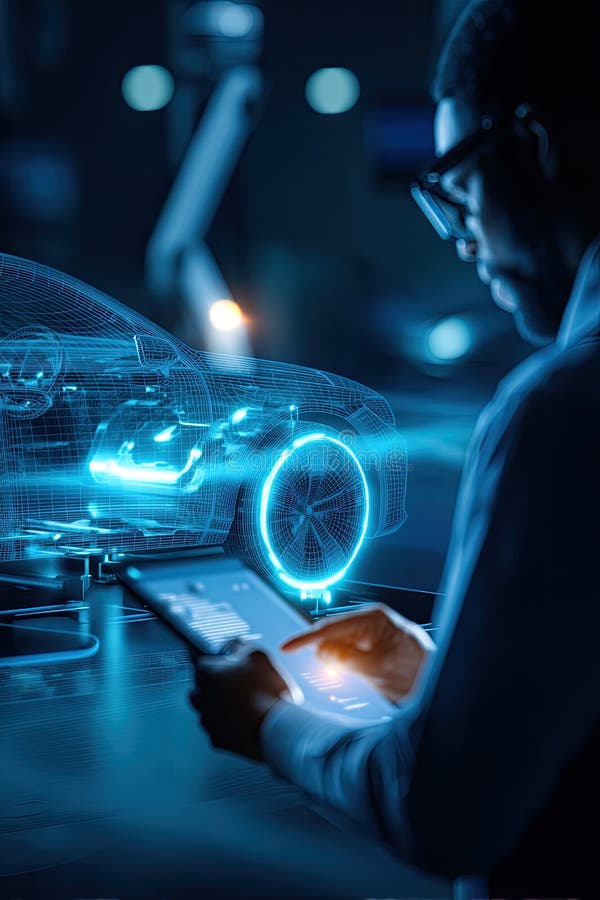 Auto Engineer Next To a Blue Holographic Model of a Car. Stock ...