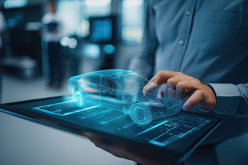 Auto Engineer Next To a Blue Holographic Model of a Car. Stock ...