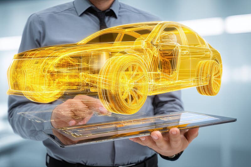 Auto Engineer Next To a Yellow Holographic Model of a Car. Stock Photo ...