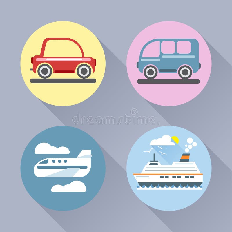 Auto Icon Set Flat Style. Car, Bus, Plane and Ship Stock Vector ...