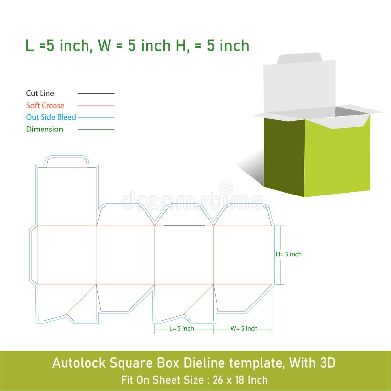 Auto Lock Square Box Dieline Template and 3D, Vector File Stock Vector ...