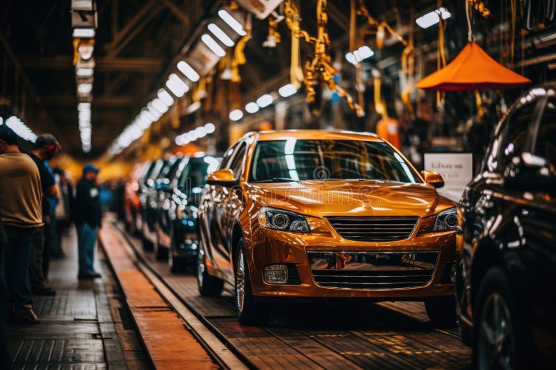 Auto Manufacturing in Progress: Industrial Conveyor at Work with Cars ...