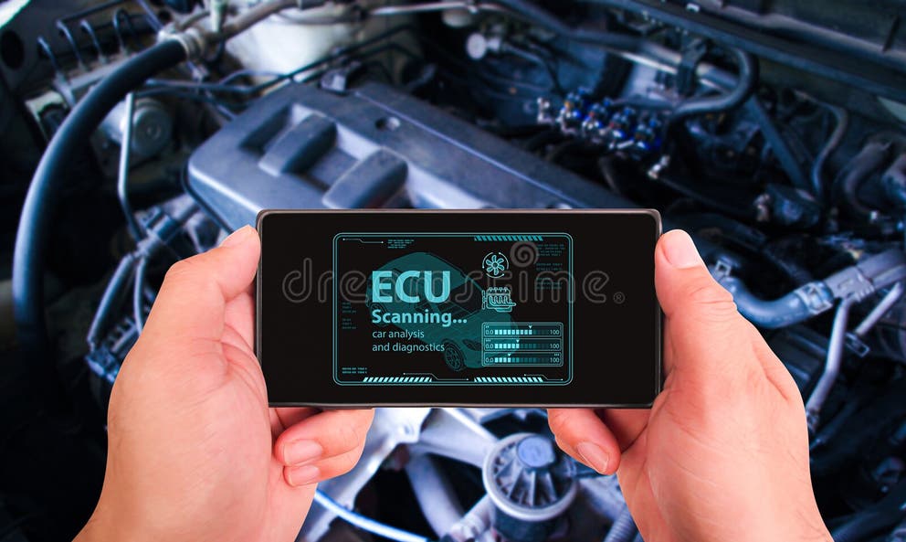 Auto Mechanic Checking ECU Engine System with OBD2 Wireless Scanning ...