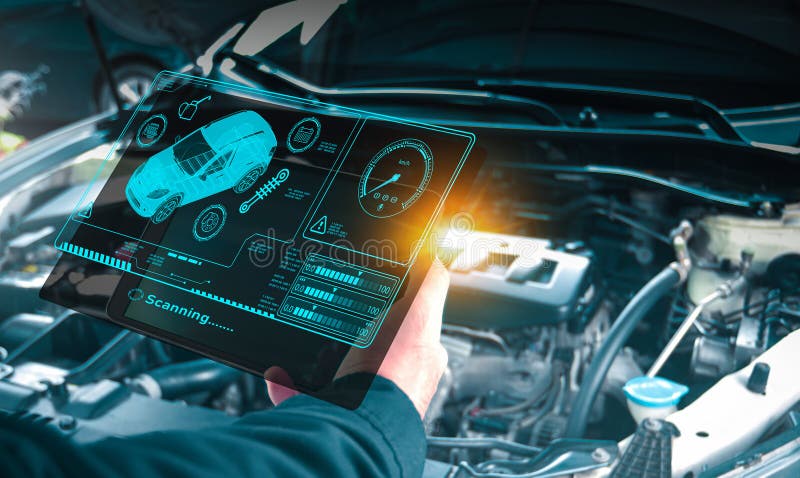 Auto Mechanic Checking Engine System with OBD2 Wireless Scanning Tool ...