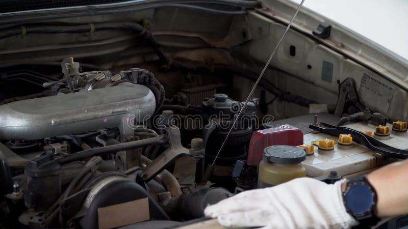 Auto Mechanic Checking the Oil Level in Car Engine.inspects Engine ...