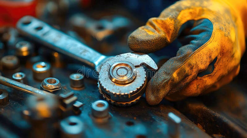 Auto Mechanic in Gloves Working with Tools in a Workshop, Focusing on ...