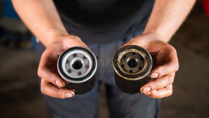 An Auto Mechanic Holds a New and Used Oil Filter. Stock Photo - Image ...