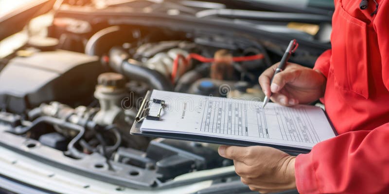 Auto Mechanic Inspecting Car Engine with Checklists. Vehicle Service ...