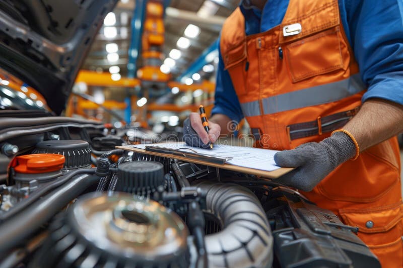 Auto Mechanic Inspecting Car Engine, Taking Notes on Checklist for ...