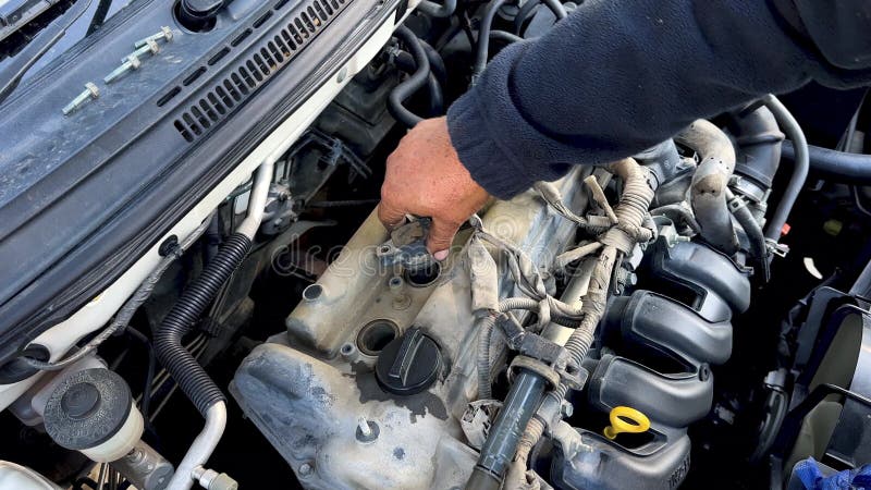 Auto Mechanic Installing and Checking the Ignition Coil of a Car Engine ...