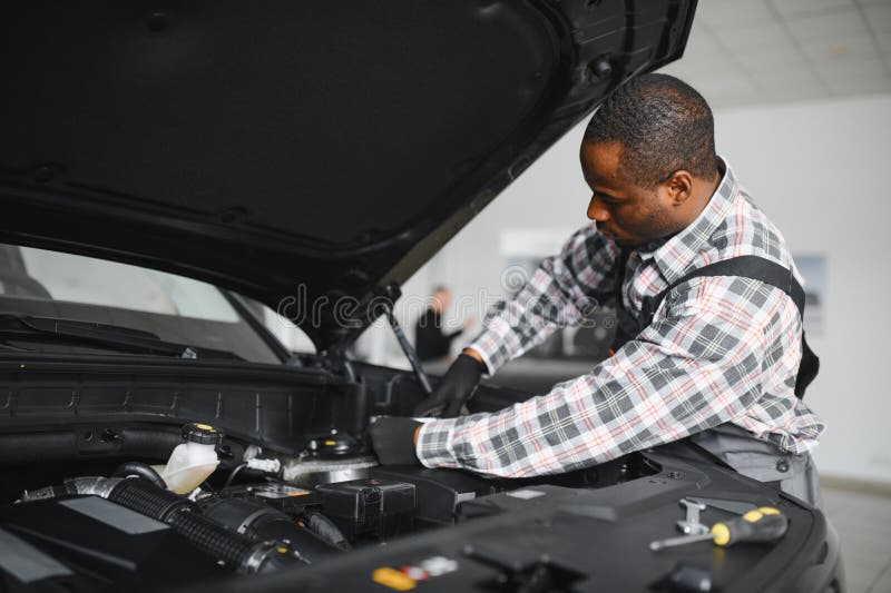 Auto Mechanic Performing a Routine Service Inspection in a Service ...