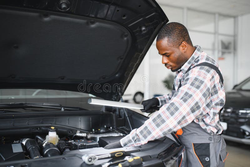 Auto Mechanic Performing a Routine Service Inspection in a Service ...