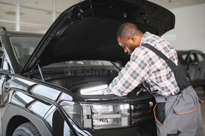 Auto Mechanic Performing a Routine Service Inspection in a Service ...