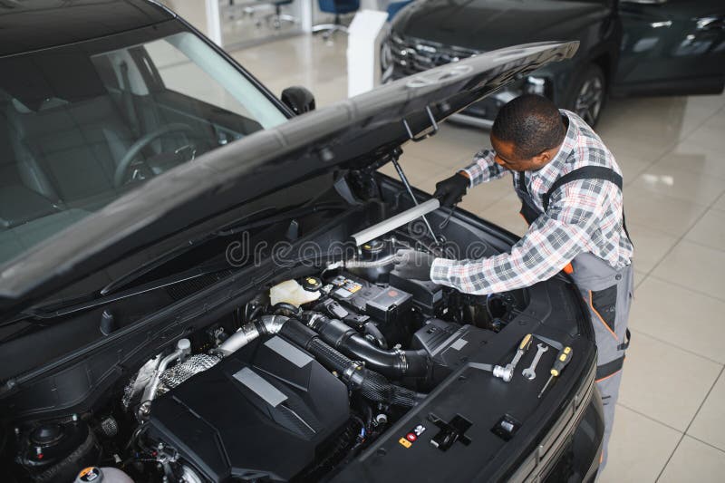 Auto Mechanic Performing a Routine Service Inspection in a Service ...