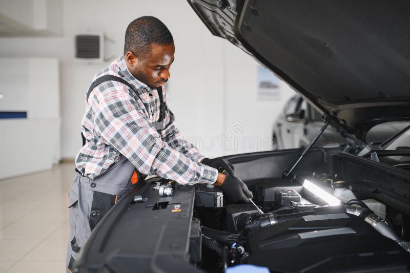 Auto Mechanic Performing a Routine Service Inspection in a Service ...