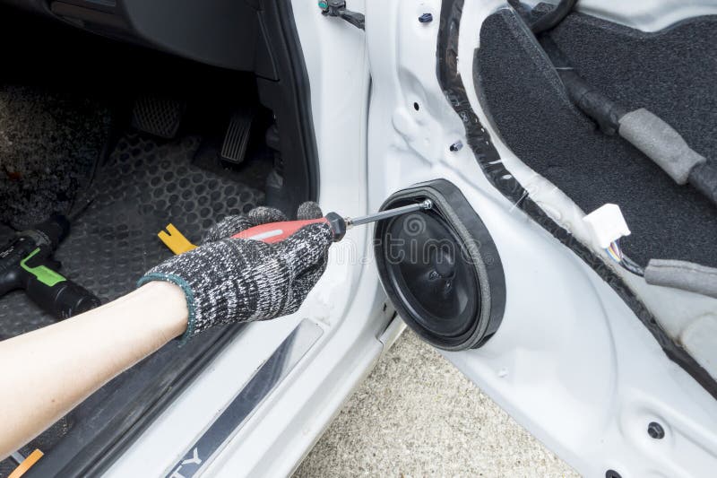 Auto Mechanic Remove Car Audio Speaker, Car Maintenance Service Stock ...