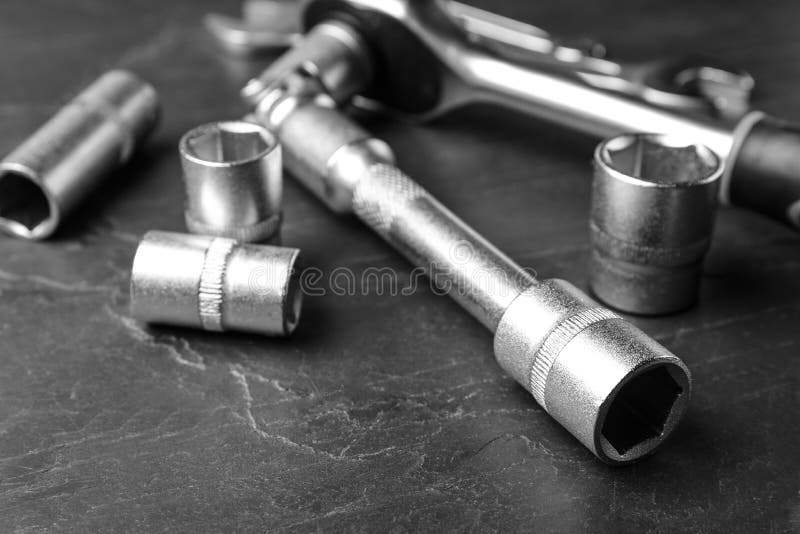 Auto Mechanic`s Tools on Grey Background, Closeup Stock Image - Image ...