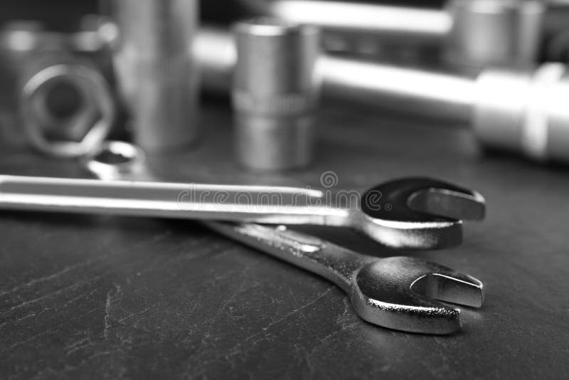 Auto Mechanic`s Tools On Grey, Closeup Stock Photo - Image of iron ...