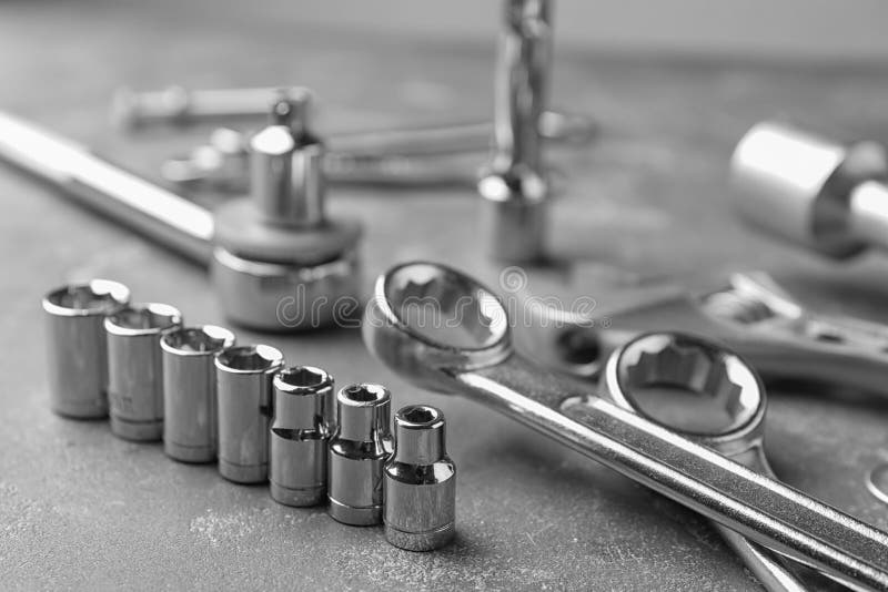 Auto Mechanic`s Tools on Grey Table Stock Photo - Image of bolt ...