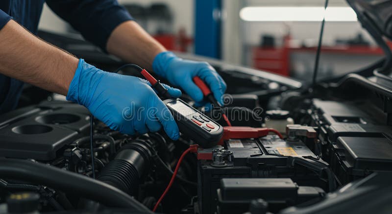 Auto Mechanic Testing Car Battery with Multimeter, Diagnostics & Repair ...