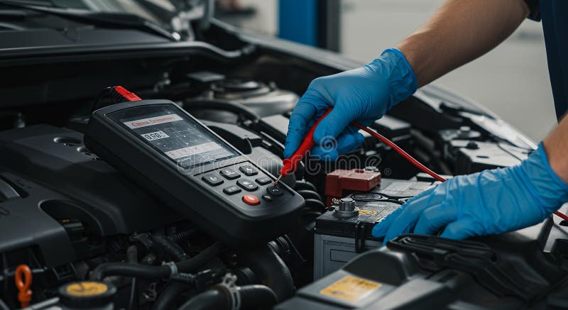 Auto Mechanic Testing Car Battery Voltage with Digital Multimeter Stock ... Auto Mechanic Testing Car Battery Voltage with Digital Multimeter Stock ...