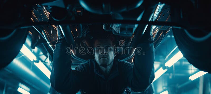 An Auto Mechanic Under a Car Fixing the Engine Stock Illustration ...