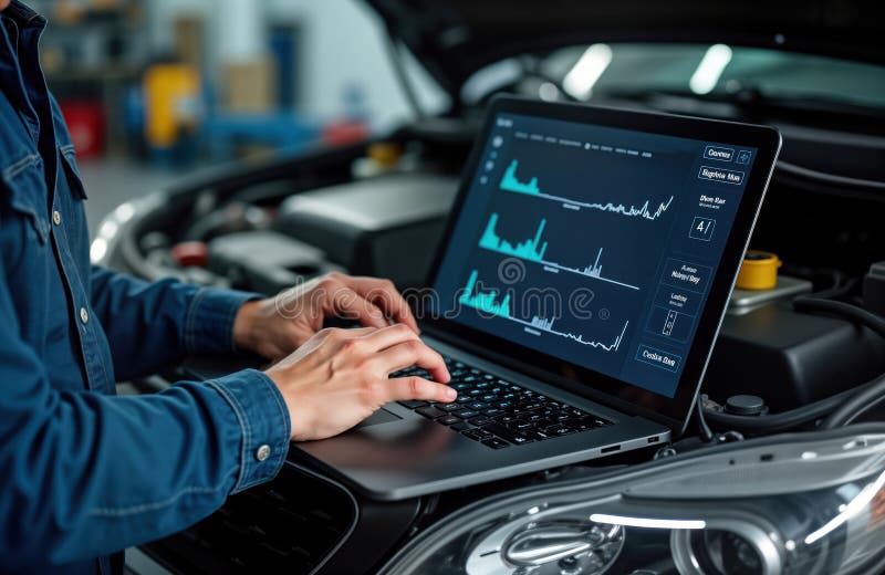 Auto Mechanic Uses Laptop To Diagnose Car Engine in Garage. Modern ...