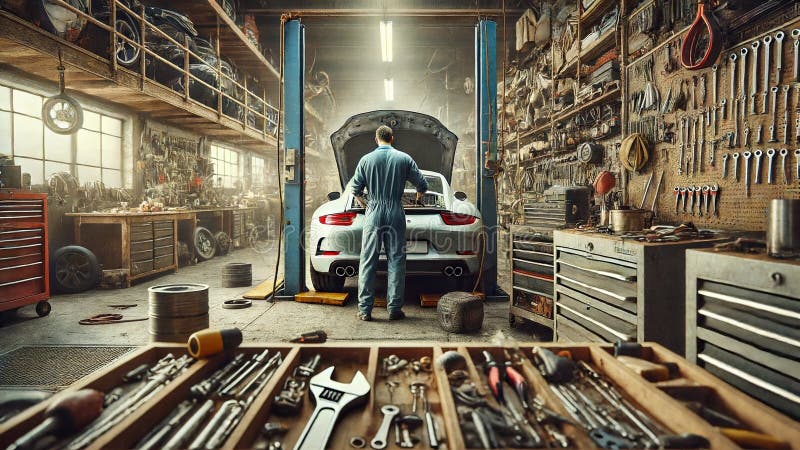 Auto Mechanic at Work Back View in the Workshop Stock Illustration ...