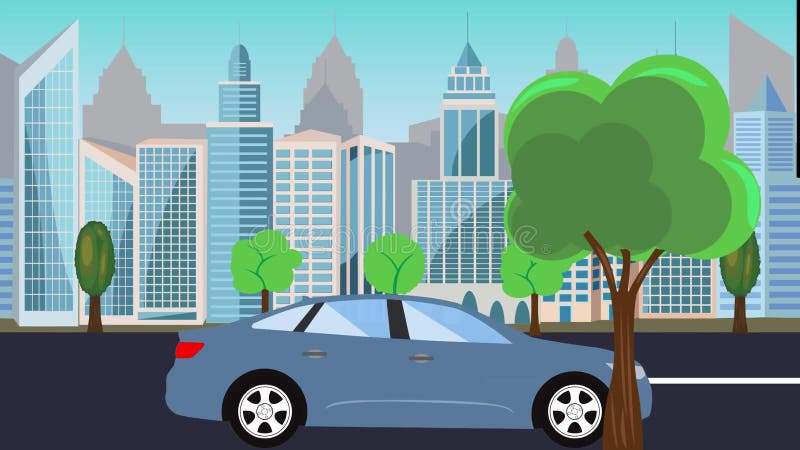 Auto Mobile Driving on the Road in Front of a City, Cartoon Animation ...