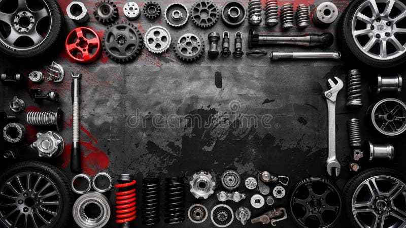Auto Parts and Tools Flat Lay Background Garage Workshop Concept Stock ...