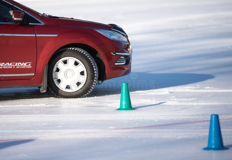 Auto Racing on Ice Close Up, Winter Tyres in Extreme Cold Temperature ...
