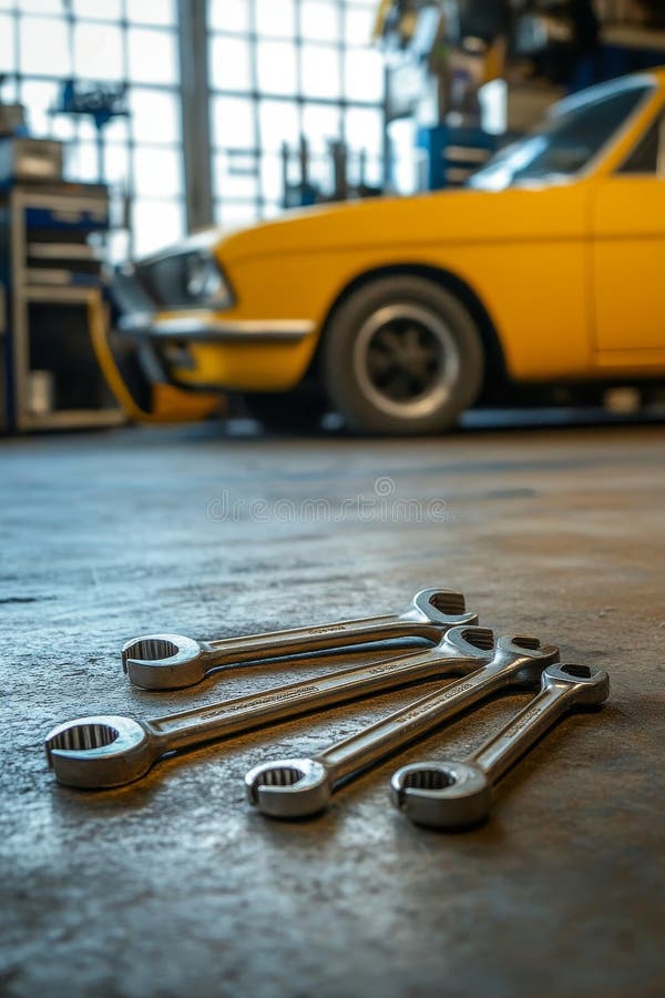 Auto Repair Scene with Wrenches on Garage Floor and Yellow Car Ready ...