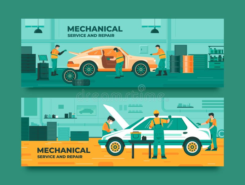 Auto Repair Shop Banners in Flat Design Stock Illustration ...