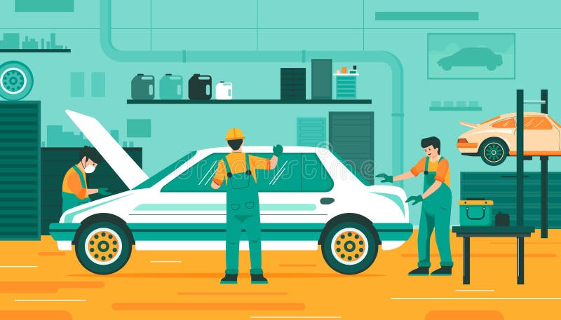 Auto Repair Shop Composition in Flat Design Stock Illustration ...