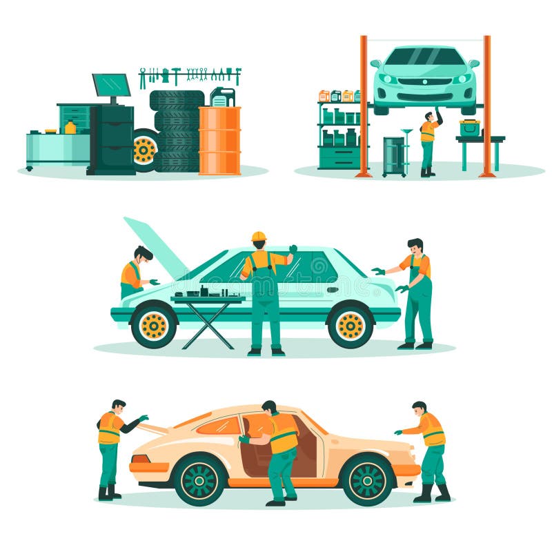 Auto Repair Shop Compositions in Flat Design Stock Illustration ...