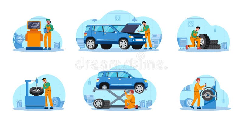 Auto Repair Shop Compositions in Flat Design Stock Illustration ...