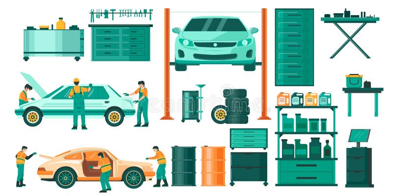 Auto Repair Shop Icons in Flat Design Stock Image - Image of equipment ...