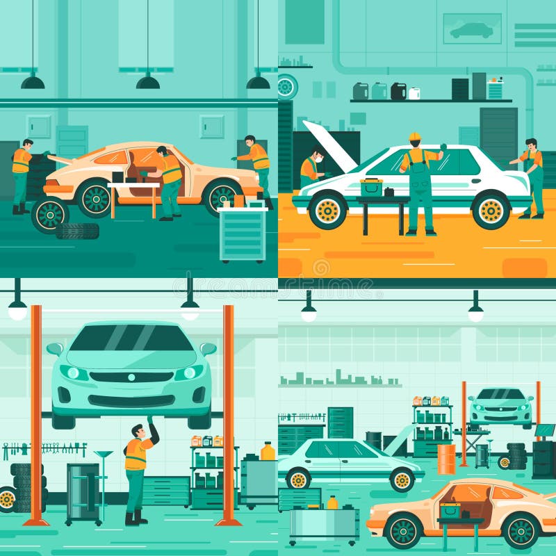 Auto Repair Shop Illustrations in Flat Design Stock Illustration ...