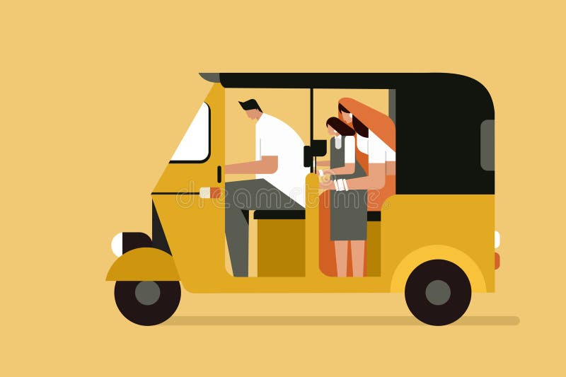 Indian Family Travelling in a Three Wheeler Auto Rickshaw Stock Vector ...