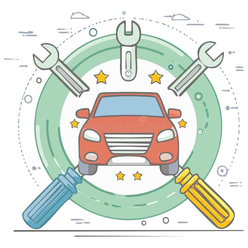 Auto Service Illustration of Car and Repair Tools in Circle Stock ...