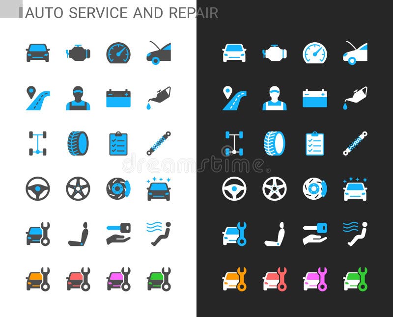 Auto Service and Repair Icons Light and Dark Theme Stock Vector ...